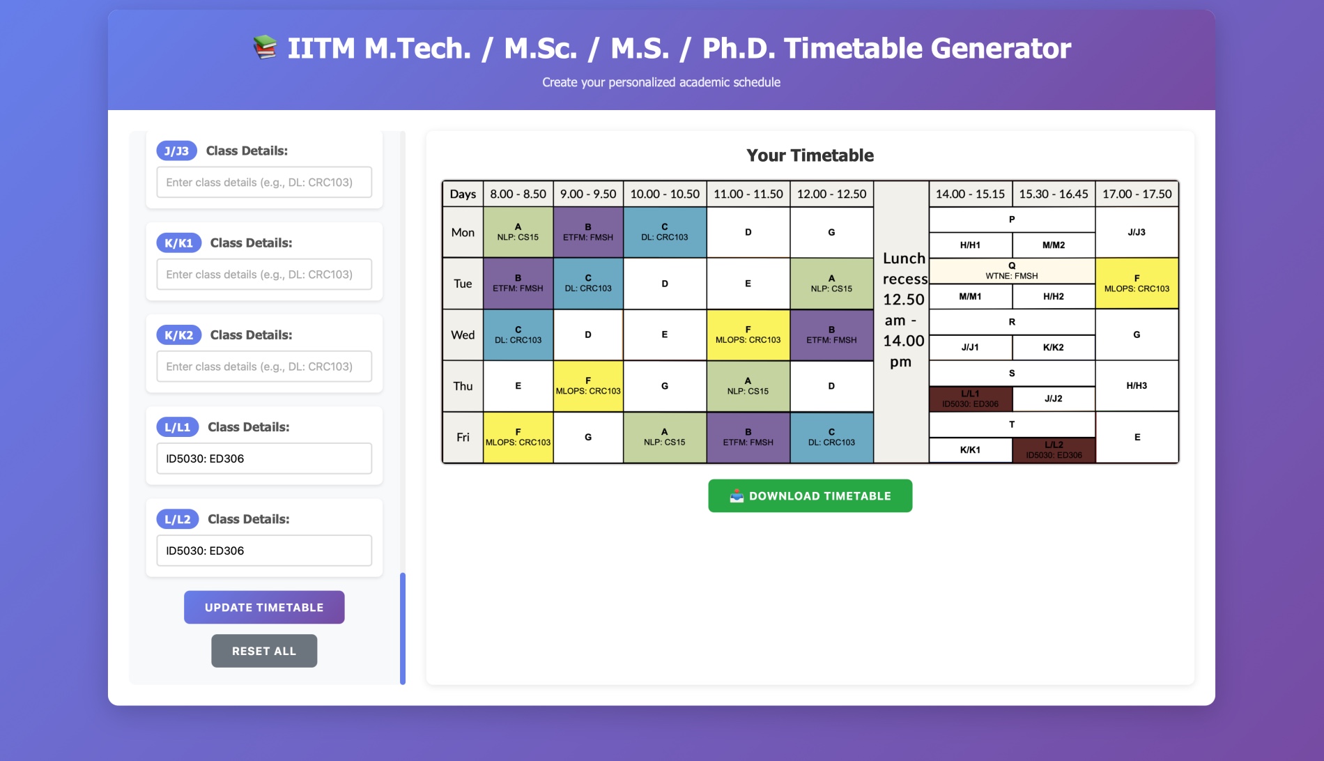 IITM M.Tech. / M.Sc. / M.S. / Ph.D. Timetable Generator